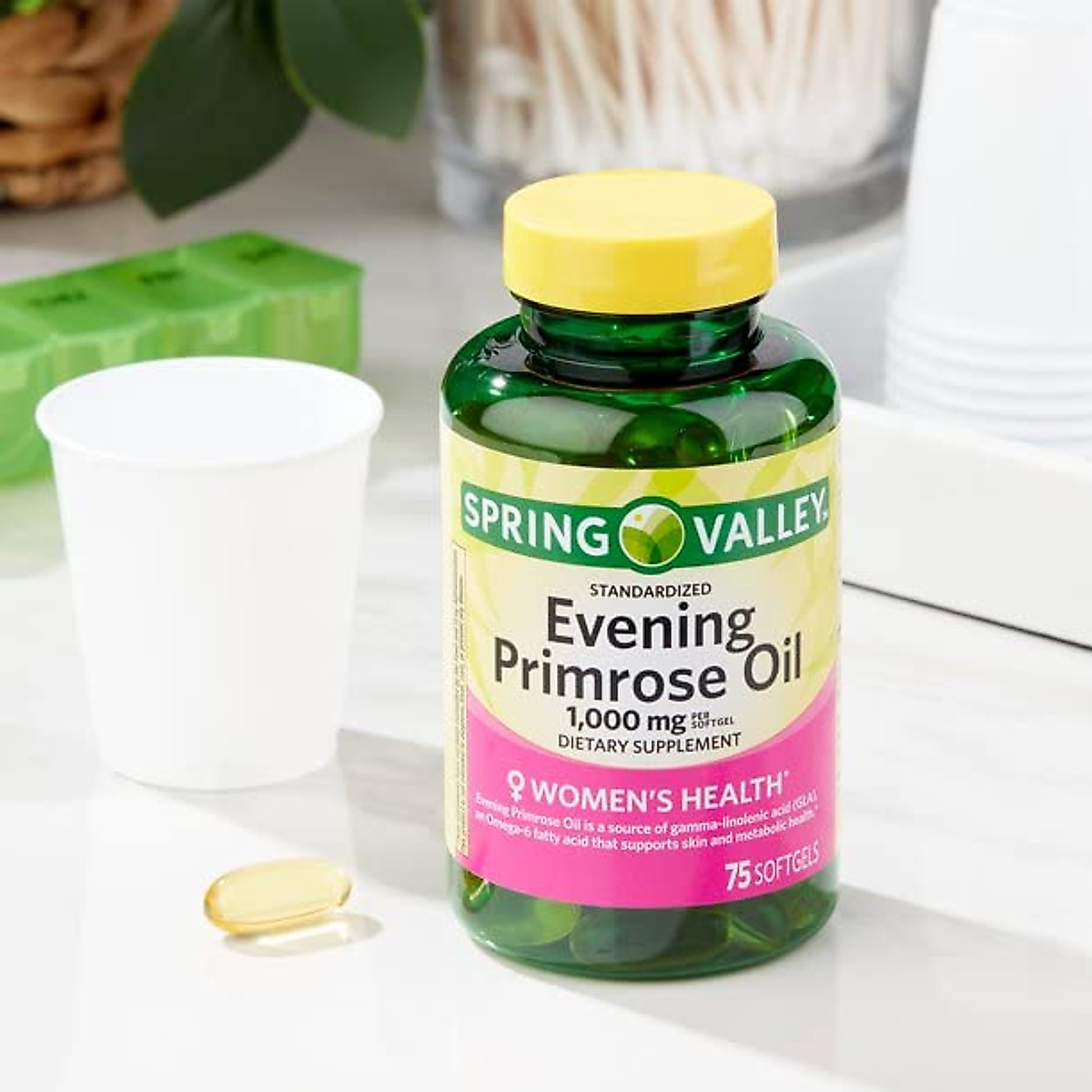 Evening Primrose Oil by Spring Valley, 75ct + AM/PM Weekly Pill Box