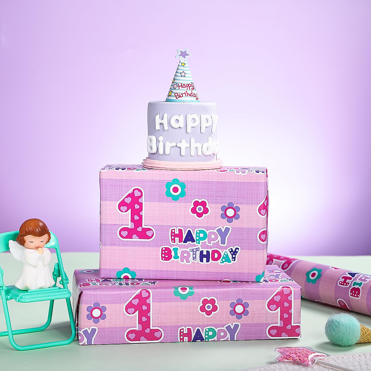 WRAPAHOLIC 1st Birthday Wrapping Paper - Mini Roll - 17 Inch x 33 Feet - Pink Happy Birthday with Floral Design for Birthday, Party, Holiday