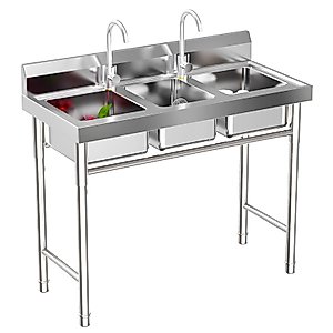 YIYIONCE 3 Compartment Sink 304 Stainless Steel Kitchen Sink Freestanding Utility Sink with 2 Hot & Cold Faucet Commercial Triple Bowl Sink for Bar, Restaurant Each Sink 11"L x 9"W x 7"H| US STOCK