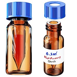 Borosilicate Glass V Vial, High Recovery Vial with Blue Screw Cap,0.3 mL Capacity Pack of 6 (Amber, 0.3mL)