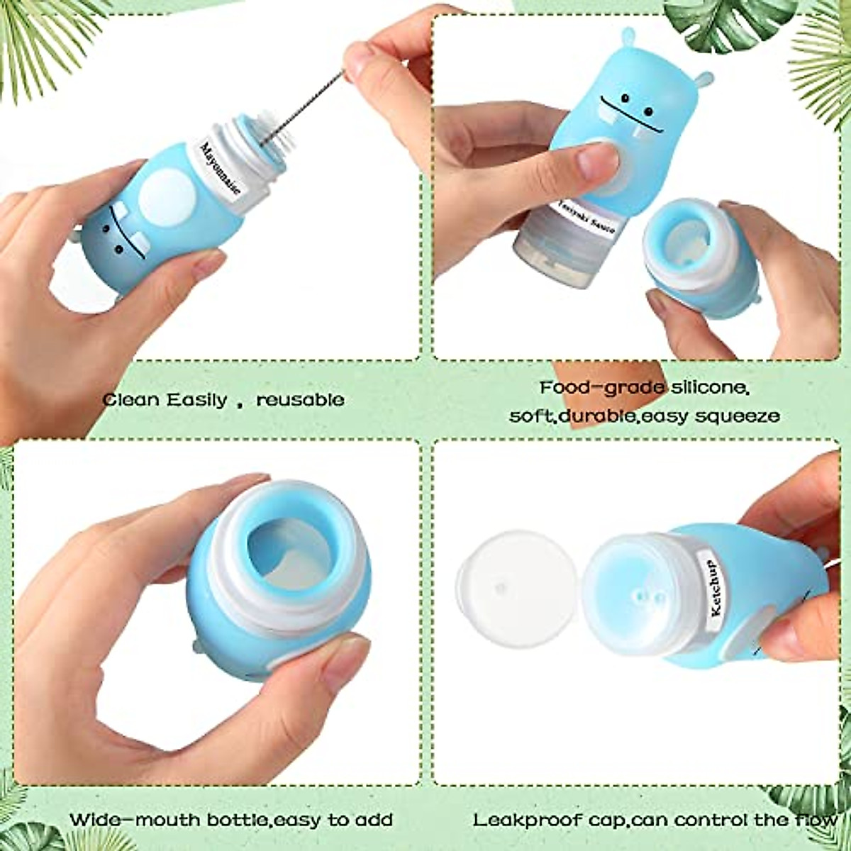 9 Pcs 6 Silicone Condiment Squeeze Bottles Squeeze Salad Dressing Bottles Portable Sauce Bottle Leak Proof Food Storage Bottles with Cleaning Brush Label Sticker Funnels for Lunch (Hippo, Horse, Deer)