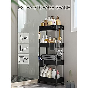 Pipishell Slim Storage Cart with Wheels, 4 Tier Bathroom Storage Organizer Rolling Utility Cart for Bathroom Kitchen Laundry Room Office Narrow Place (Black)