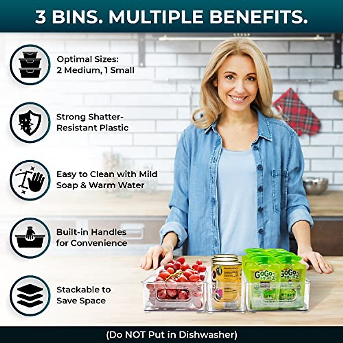 JA7 SOLUTIONS Refrigerator Organizer Bins-Set of 3 Fridge Organizer-Plastic Storage Bin-Stackable Storage Bins - for Kitchen Organization, and Pantry Organization