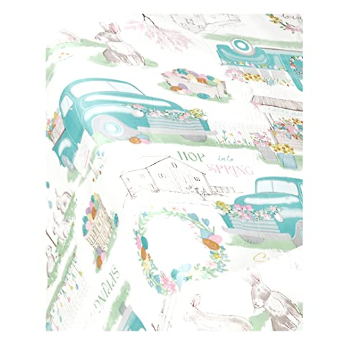 Newbridge Nostalgic Easter Market Farm Truck Vinyl Flannel Backed Tablecloth - Spring Flower Market, Bunny and Egg Print Indoor/Outdoor Easy Care Vinyl Tablecloth, 52” x 70” Oblong/Rectangle
