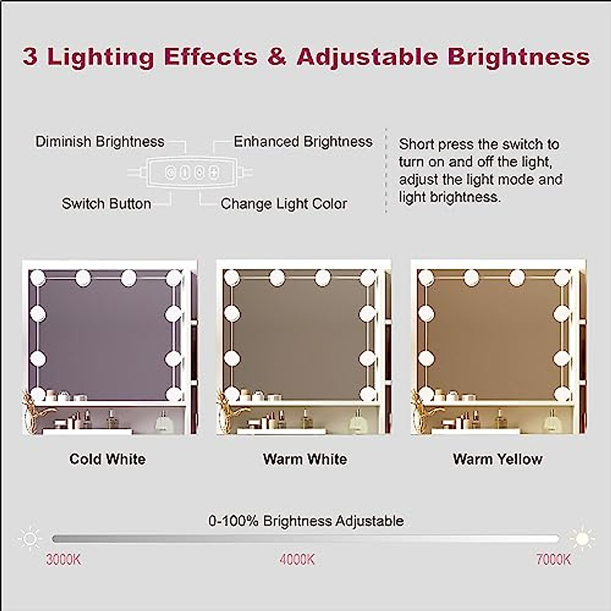 Vanity Table with Lighted Mirror, 3 Drawers Makeup Desk Dressing Table with Lots Storage Vanity Set with Wider Cushioned Stool for Bedroom (White)