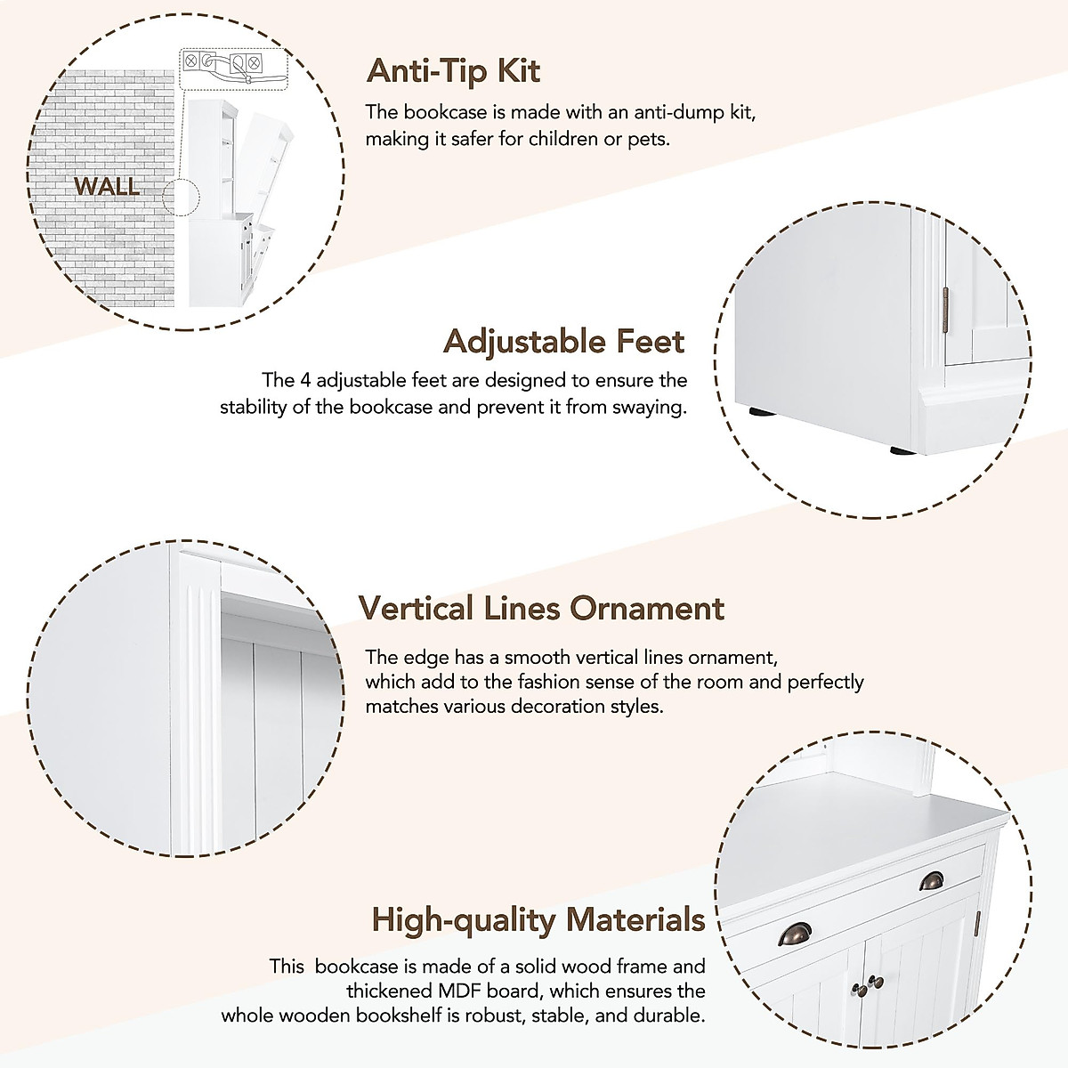 Linique 2PCS Modern Tall Bookshelf with LED Lights, Drawers, Open Shelves & Doors, Storage Bookcase with Adjustable Shelves for Living Room, Bedroom, Home Office, White