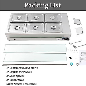 LOYALHEARTDY 110V 1.2kW Bain Marie Food Warmer 6 Pan x 1/2 GN, Food Grade 201 Stainelss Steel Electric Steam Table 6-Inch Deep with Glass Cover Buffet Food Warmer Steam Table for Catering Restaurants