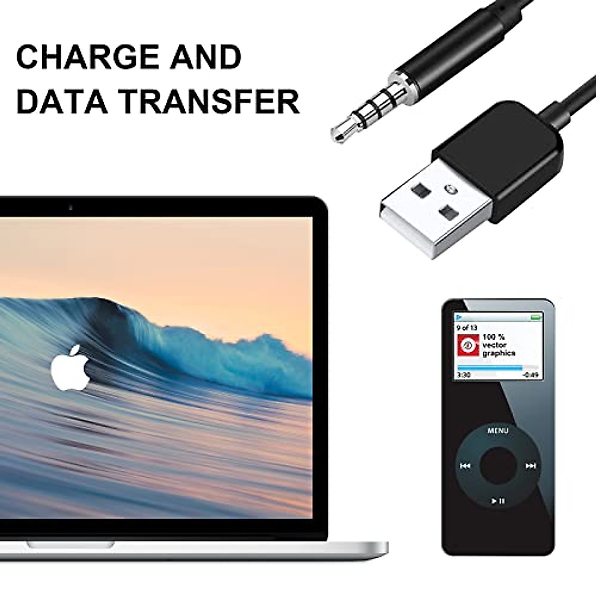 Coomoors USB to 3.5mm Jack Audio Adapter 2 Pack, Male AUX Audio Jack to USB 2.0 Male Charge Cable Adapter Cord for iPod Shuffle MP3 Player Headphones Speakers and Other Devices(3.3FT)