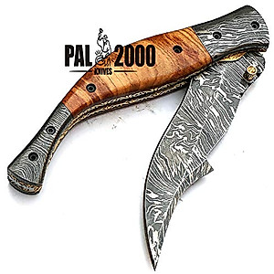 PAL 2000 HUNTING KNIVES FOL-8459 Handmade Damascus Steel Pocket Knife Olive Wood Handle With Sheath