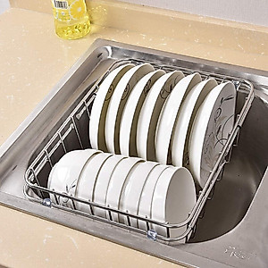 Plate Rack Draining Dish Rack Dish Drying Rack with Stainless Steel Utensil Holder Cutlery Rack, Over Sink or in Sink Dish Drainer Pan Plate Holder