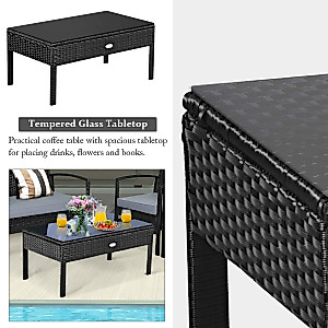 Toolsempire Outdoor Conversation Set 4 Pieces Patio Furniture, Wicker Patio Chair Sofa Set with Water-Resistant Gray Cushion & Tempered Glass Table for Backyard, Balcony, Porch(Black)