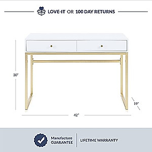 BELLEZE Modern 42 Inch Makeup Vanity Dressing Table or Home Office Computer Laptop Writing Desk with Two Storage Drawers, Wood Top, and Gold Metal Frame - Bronte (White)