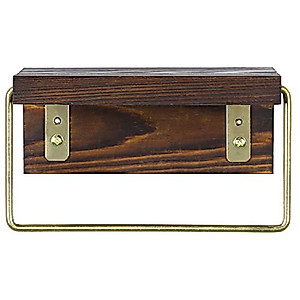 MyGift Rustic Brass Tone Metal Wire Bathroom Towel Ring with Dark Brown Burnt Wood Wall Mount, Hand Towel Rack with Display Shelf