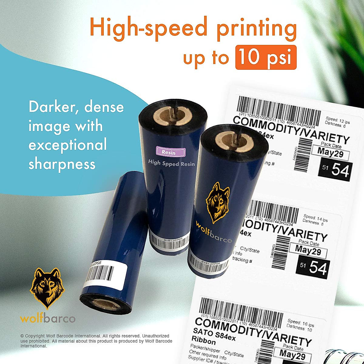 12 Rolls Wolfbarco 4.33" x 984' (110m x 300m) Black Standard Full Resin Thermal Transfer Ribbon Compatible with Zebra,TEC, INTERMEC,Citizen,TSC,GODEX,ARGOX Printers