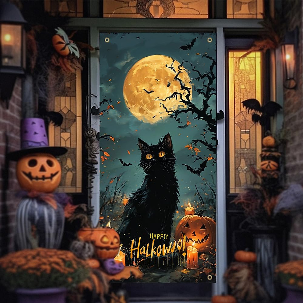 Halloween Door Cover Halloween Birthday Party Door Decorations Door scary window Banner 35.4 X 70.8 Inches Cat Theme Door Cover Halloween Birthday Decorations Sign Front Door for Halloween Party outdoor Supplies Decor (cat)