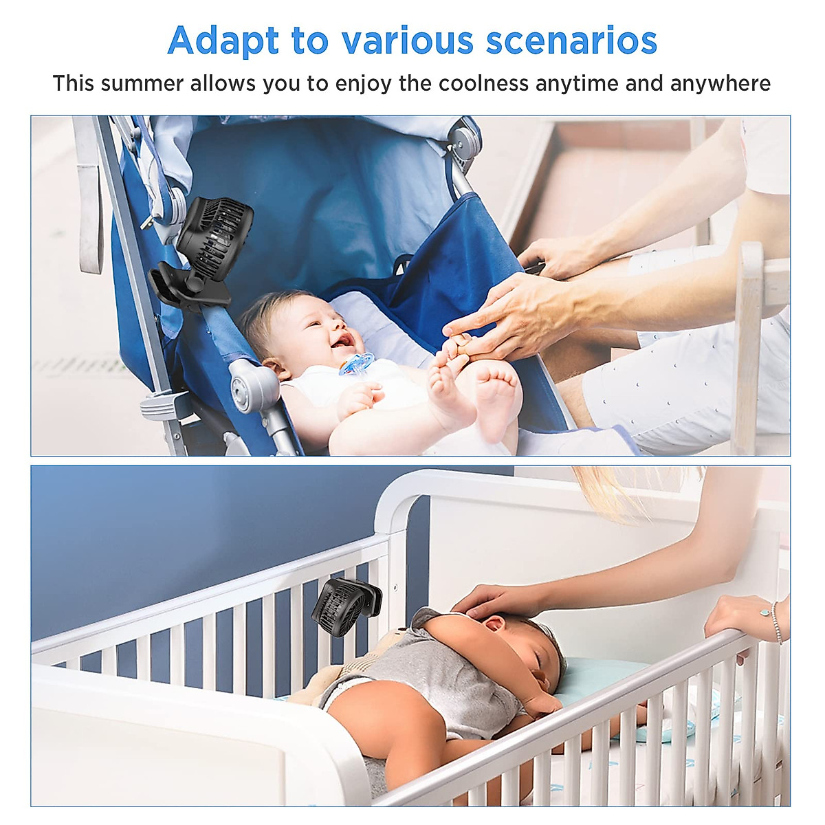 Stroller Fan, EasyAcc Rechargeable Battery Operated Mini Fan Clip on Fan, 540° Rotation Portable Fan with Narrow Gap Grille for Baby Safety, 3 Speeds Personal Desk Fan for Crib Umbrella Straps (Black)