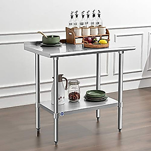 ROCKPOINT Stainless Steel Table for Prep & Work with Backsplash 24x36 Inches, NSF Metal Commercial Kitchen Heavy Duty Table with Adjustable Under Shelf and Table Foot for Restaurant, Home and Hotel