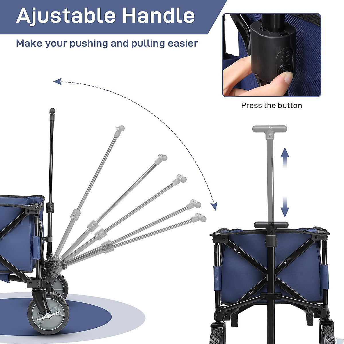 VINGLI Portable Collapsible Utility Wagon,Sturdy Outdoor Folding Garden Sports Shopping Cart, Wagon Wheel Cart, Steel Frame for Beach Park Camping Patio Compact Wheels, Blue