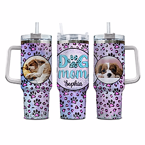 Hyturtle Personalized Picture Dog Mom 40oz Tumbler with Handle and Straw Gifts for Dog Lovers, Cute Birthday Mother's Day Cup Gifts For Women, Dog Themed Gift Idea Stainless Steel Travel Cup With Lid