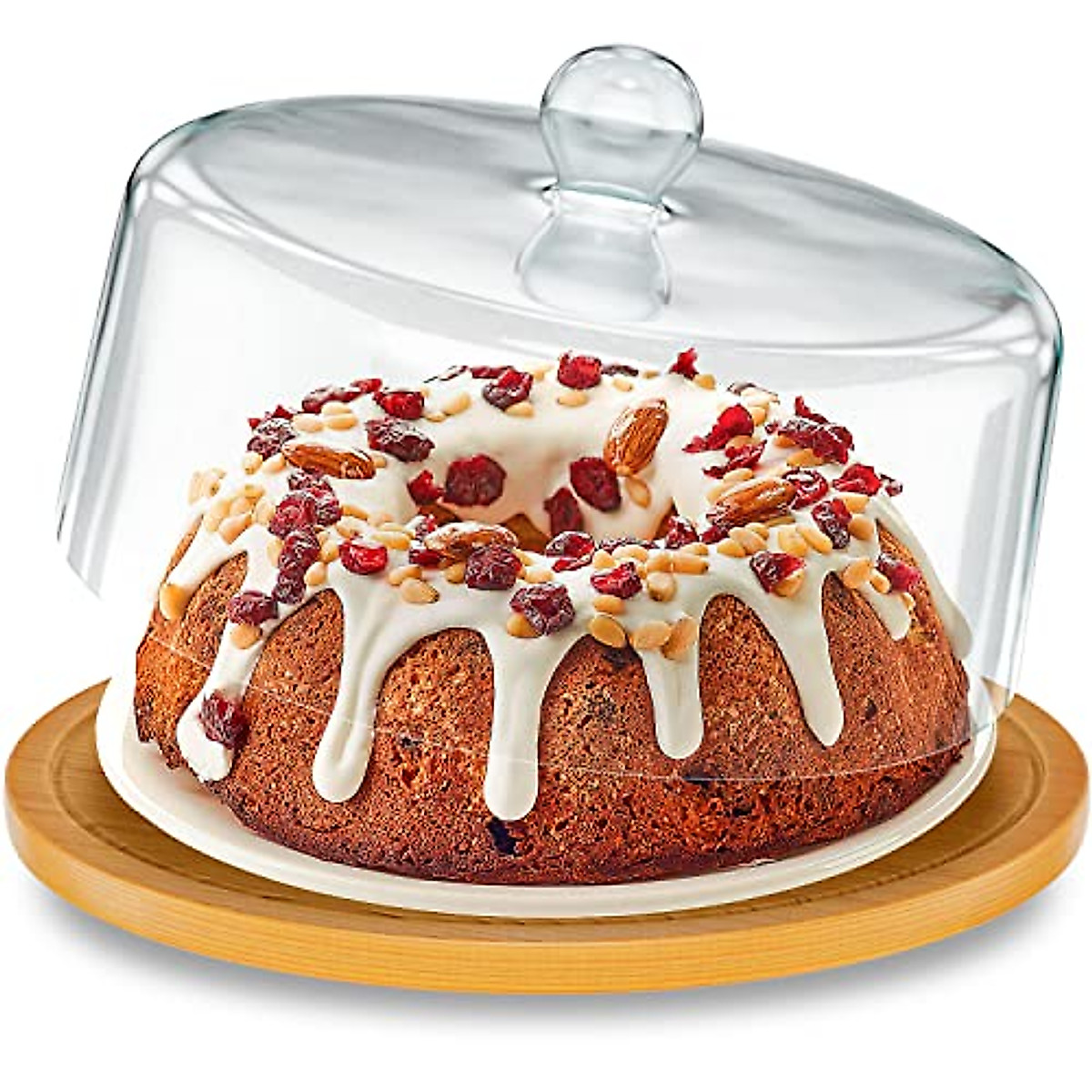 Wooden Cake Stand - Round Rotating Turntable Cake Stand with Glass Dome - Pedestal with Revolving Base for Decorating and Display