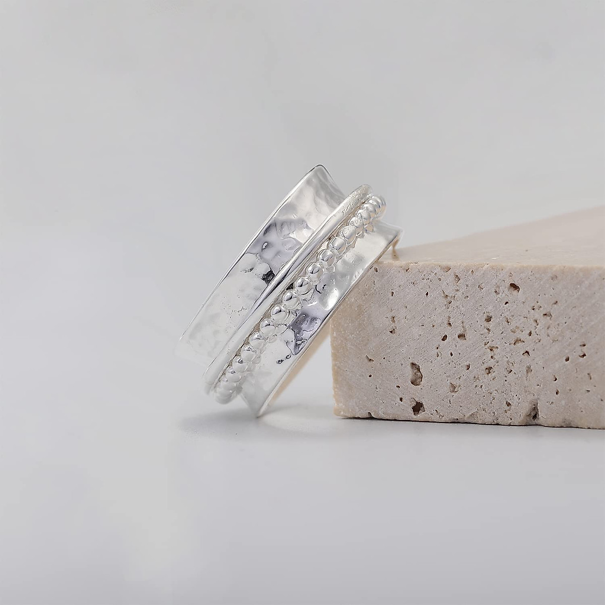 STROLLGIRL Sterling silver Simple spinner ring Fidget band ring spinning meditation anxiety ring (hammered design C, 7)