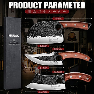 Huusk Butcher Knife Set Hand Forged Serbian Chef Knife Viking Boning Knife Cleaver Knife 3PCS Kitchen Knife Set for Meat Cutting Home & Outdoor Cooking BBQ Knives Gift for Men