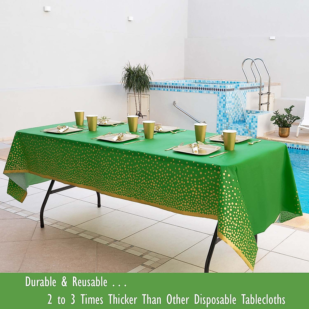 ZULADISE 2 Pack Green Plastic Tablecloth Green and Gold Table Cloths for Parties Disposable Table Cover Party Decorations for Birthday, Christmas (Premium Quality - 54 x 108 in.)