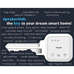 YoLink SpeakerHub & One Motion Sensor Smart Home and Security Kit – Audio Hub Plays Tones/Sounds, Spoken Messages, LoRa-Powered ¼ Mile Range, WiFi Required
