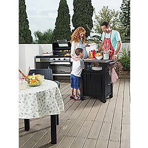 Keter Unity Portable Outdoor Table and Storage Cabinet with Hooks for Grill Accessories-Stainless Steel Top for Patio Kitchen Island or Bar Cart, Dark Grey