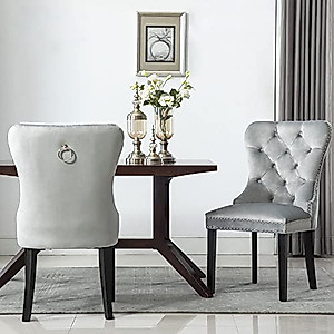 Guyou Upholstered Velvet Dining Chairs Set of 6, Dining Room Chairs Tufted Cushion Back Elegant Victoria Retro Accent Chairs with Solid Wood Legs for Living Room/Kitchen (Light Gray, with Ring)