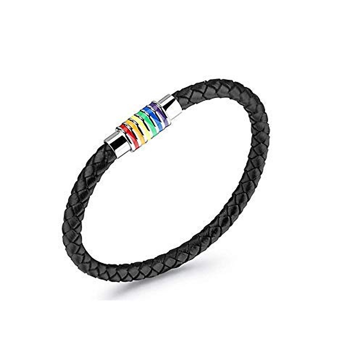 PHOGARY Gay Pride Bracelet LGBT Rainbow Bracelet (2 Packs), Couple Black Leather Bracelet Men’s Women’s Bangle with Rainbow Striped Stainless steel Magnetic Clasp 22cm