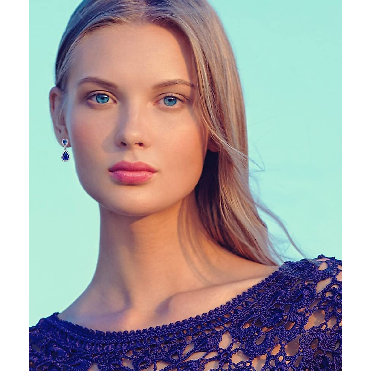 LAVINA Fancy Teardrop CZ Pierced Dangle Earring Classically And Elegant Hypoallergenic Earrings For Women Brides Wedding (Blue)