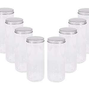 zmybcpack 8 Pack 20 oz (600 ml) Clear Straight Cylinders Plastic Storage Jars- Wide Opening Tubs with Aluminum Lids - BPA Free PET Container Home & Kitchen Storage of Dry Goods, Peanut, Candy