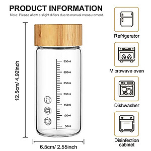 ZDZDZ Bamboo Lid Glass Water Bottle 13Oz Small Glass Water Bottles, Wide Mouth Glass Milk Bottle, Smoothie Glass Bottle with Scale Line