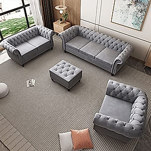 PHOYAL 3 Piece Living Room Set, Chesterfield Velvet Sofa Loveseat Couch Chair with Scroll Arms and Nailhead for Living Room, Office (Grey, 1-2-3)