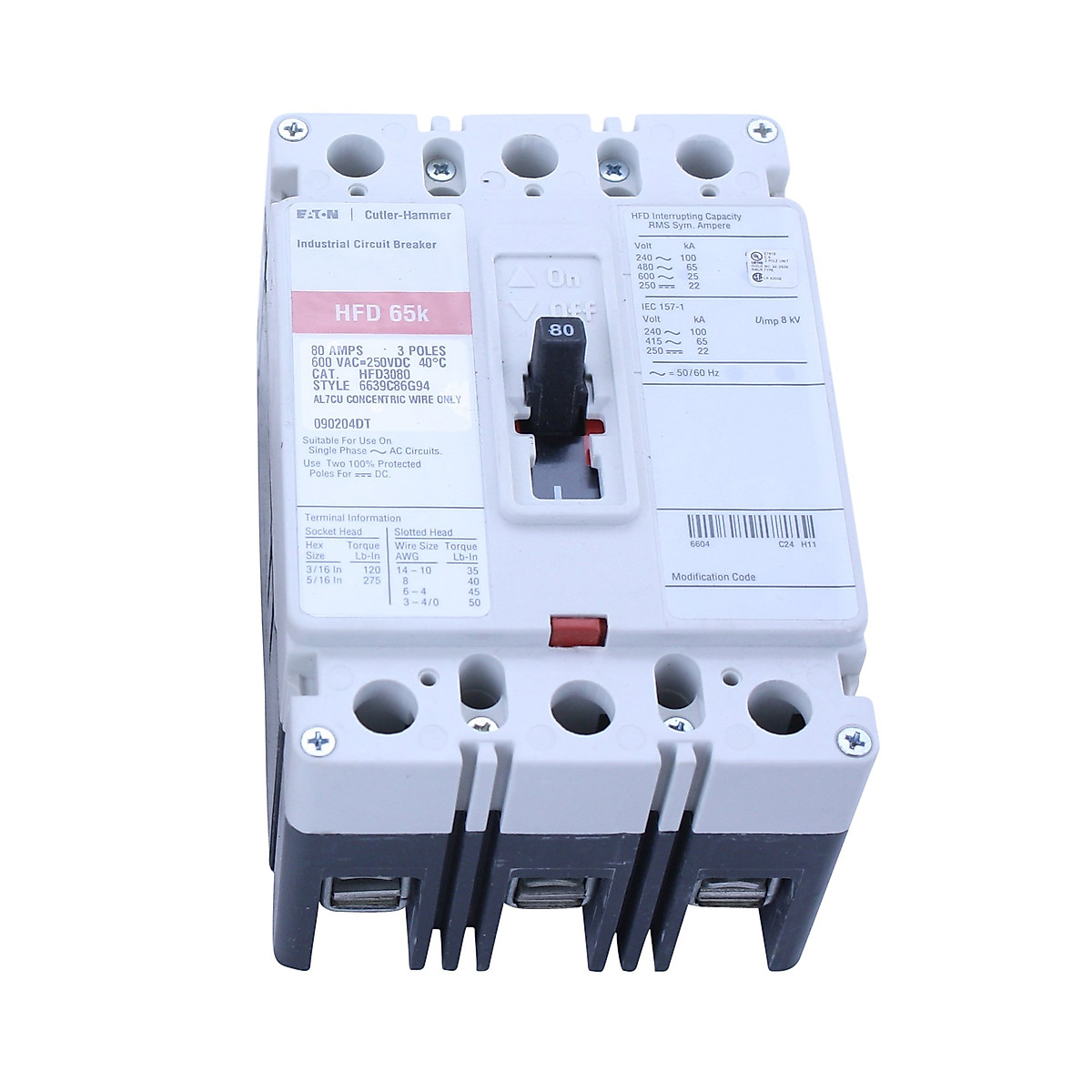 Eaton HFD3080 Circuit Breaker,80A,3P,600VAC,HFD