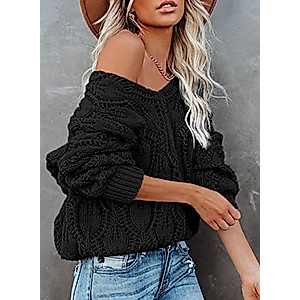 AlvaQ Womens Crochet Sweaters Cute V Neck Long Sleeve Hollow Out Cable Ribbed Knit Pullover Jumper Tops Fall Fashion 2023 Black Large