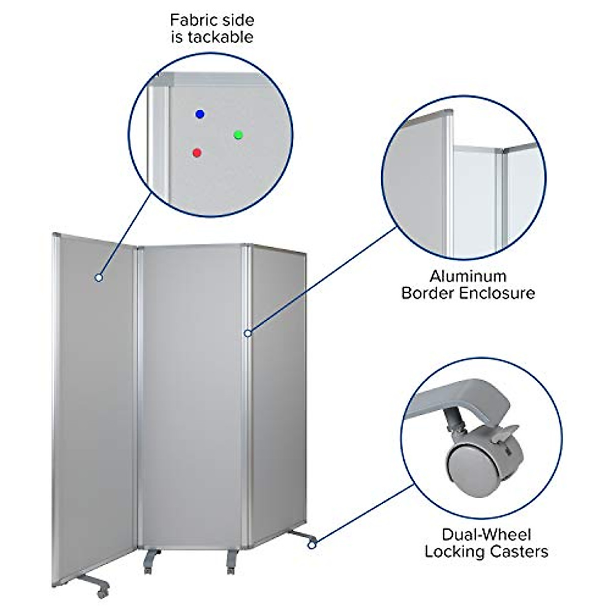 Flash Furniture Raisley Double Sided Mobile Magnetic Whiteboard/Cloth Partition with Lockable Casters, 72"H x 24"W (3 sections included)