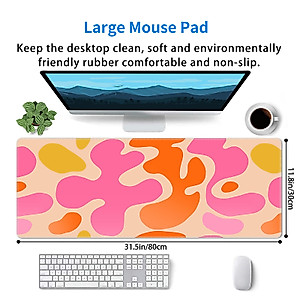 Boho Pink Desk Mat Modern Abstract Cute Large Mouse Pad XL 31.5x11.8in 3mm Non-Slip Rubber Base Extended Kawaii Pink Mousepad Stitched Edges Keyboard Mouse Mat Desk Accessories for Women Office Decor