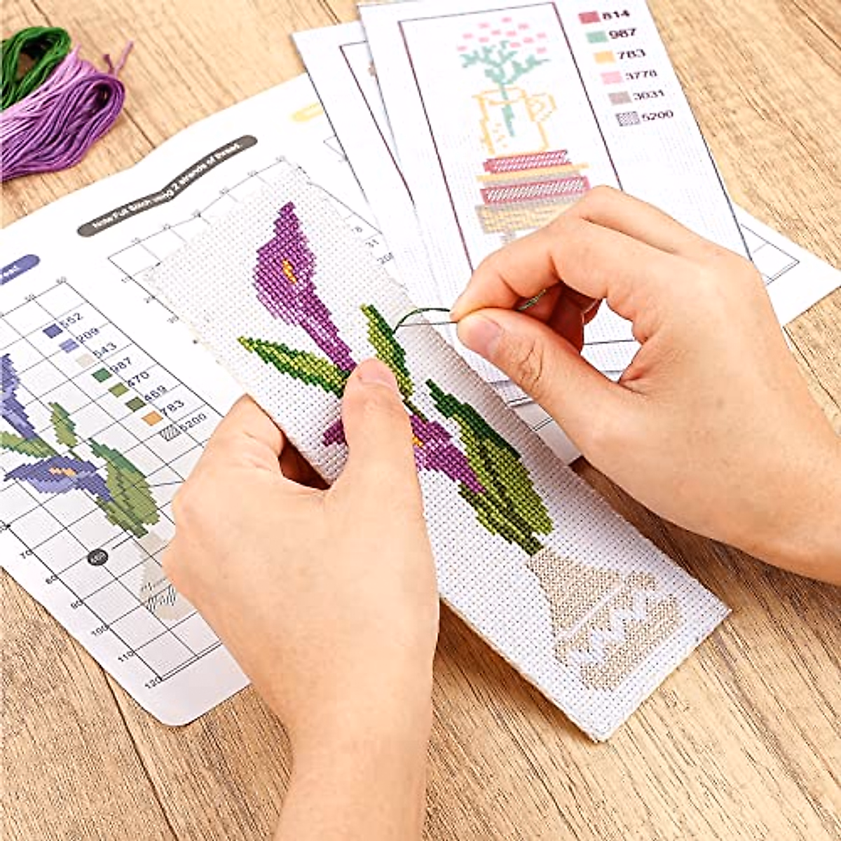 Caydo 3 Pieces Cross Stitch Bookmark Kits, Flowers Stamped Embroidery Bookmark with Backing Felt and Instructions Beginner Cross Stitch Kits for Adults, Book Lovers, 14 CT