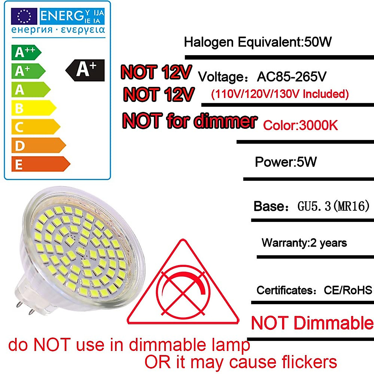 ukzboss MR16 120V 5W led spot Light Bulb GU5.3 Base 110V 130V led Light lamp Bulb 2800-3000K Warm White Soft White Equivalent to 50W Halogen Bulb for Landscape Flood Track Lighting (Warm White 6PCS)