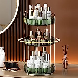 YCIA&DONE 360 Rotating Makeup Organizer and Storage for Vanity Countertop 3 Tiers, High Capacity Cosmetic Skincare Perfume Organizer for Dresser Bathroom Lazy Susan Organizer(Vintage Green)