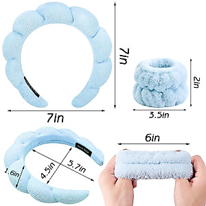 Zkptops Spa Headband for Washing Face Wristband Set Sponge Makeup Skincare Headband Terry Cloth Bubble Soft Get Ready Hairband for Women Girl Puffy Padded Headwear Non Slip Thick Hair Accessory(Blue)