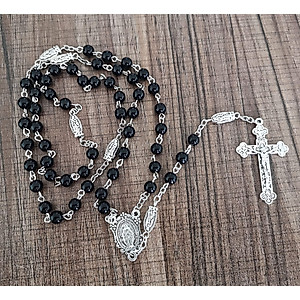 Rnivida Catholic Black Beads Rosary Virgin Mary Rosary Necklace with Jesus Crucifix, Miraculous Mary Medal Rosary Prayer Gifts for Women