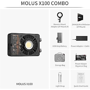 Zhiyun Molus X100 Combo 100W Bi-Color LED Video Light, 385g LED Pocket Light, 2700K-6500K CRI 95+ TLCI 97+w/Bowens Mount Adapter Ring, Detachable Grip Battery,Bluetooth App Control, Studio Spotlight