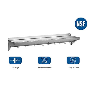 TrailBlaze 12" x 48" NSF Certified Stainless Steel Wall Mount Shelf - Multifunctional Metal Storage Rack with Backsplash and 7 Hooks for Hanging Pots, Pans,Cookware in Home and Restaurant