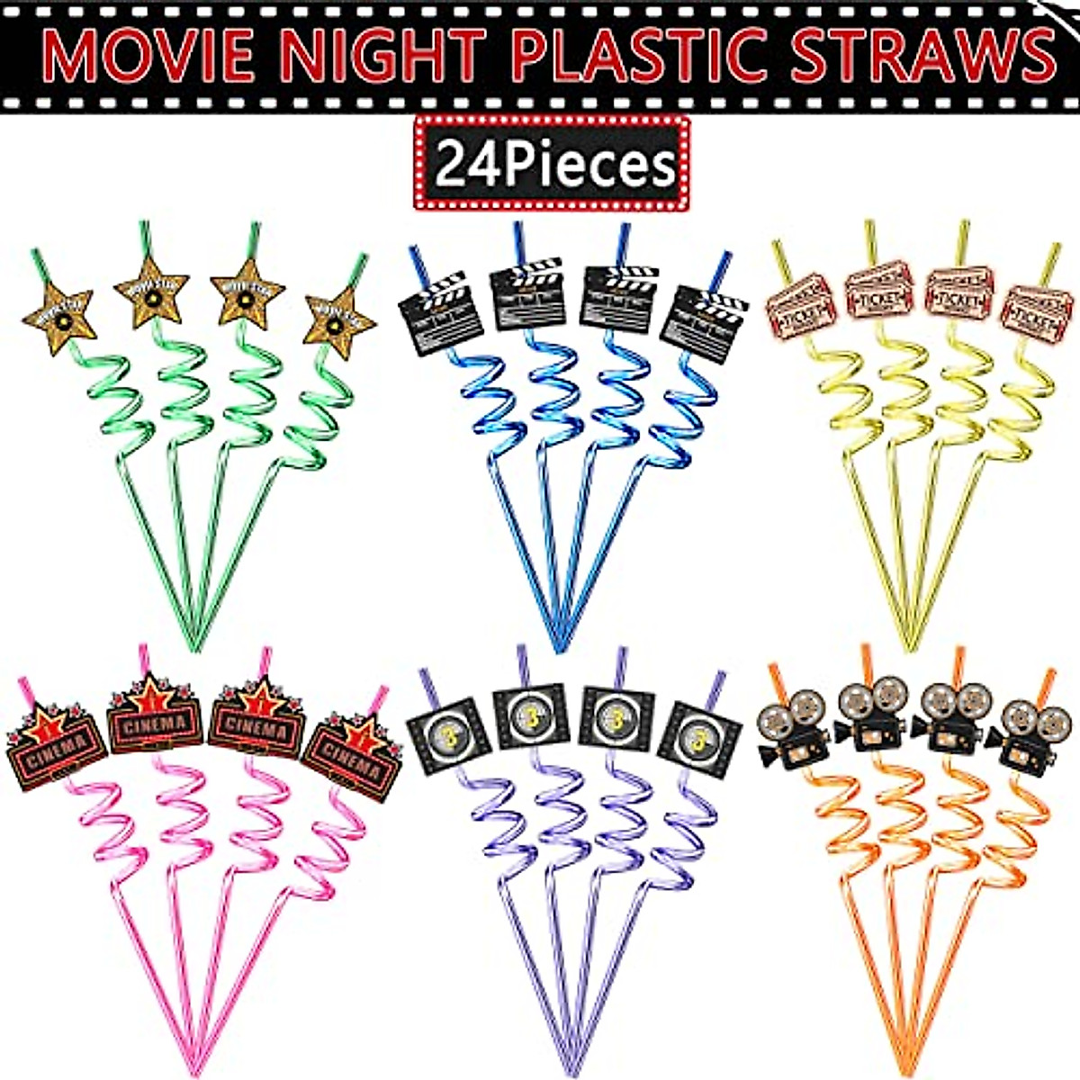 Movie Night Party Favors Movie Night Straws 24pcs Movie Night Party Decorations Supplies Movie Night Plastic Crazy Straws for Hollywood Party, Movie Theme Birthday Party Decorations