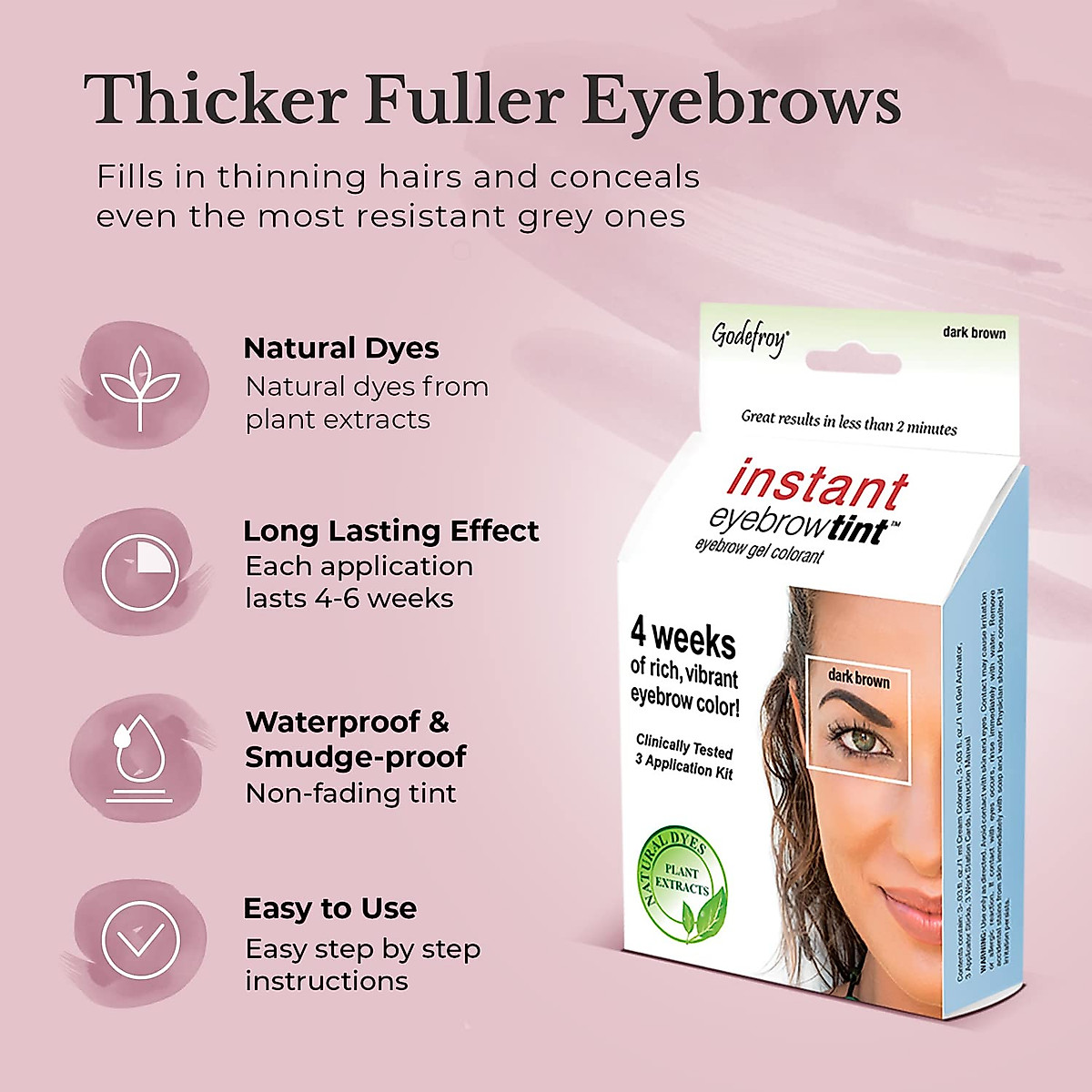 Godefroy Instant Eyebrow Color, Dark Brown, .18 ounces, 12-weeks of long lasting brow color, 3-applications per kit