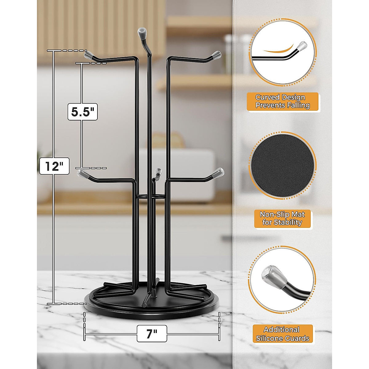 Bulado Mug Tree for Large Mugs, 360° Rotated Coffee Mug Holder, Metal Mug Tree for Counter Large Mugs 6, Coffee Cup Holder for Countertop for Easy Grab and Drop, Mug Stand for Coffee Bar Kitchen