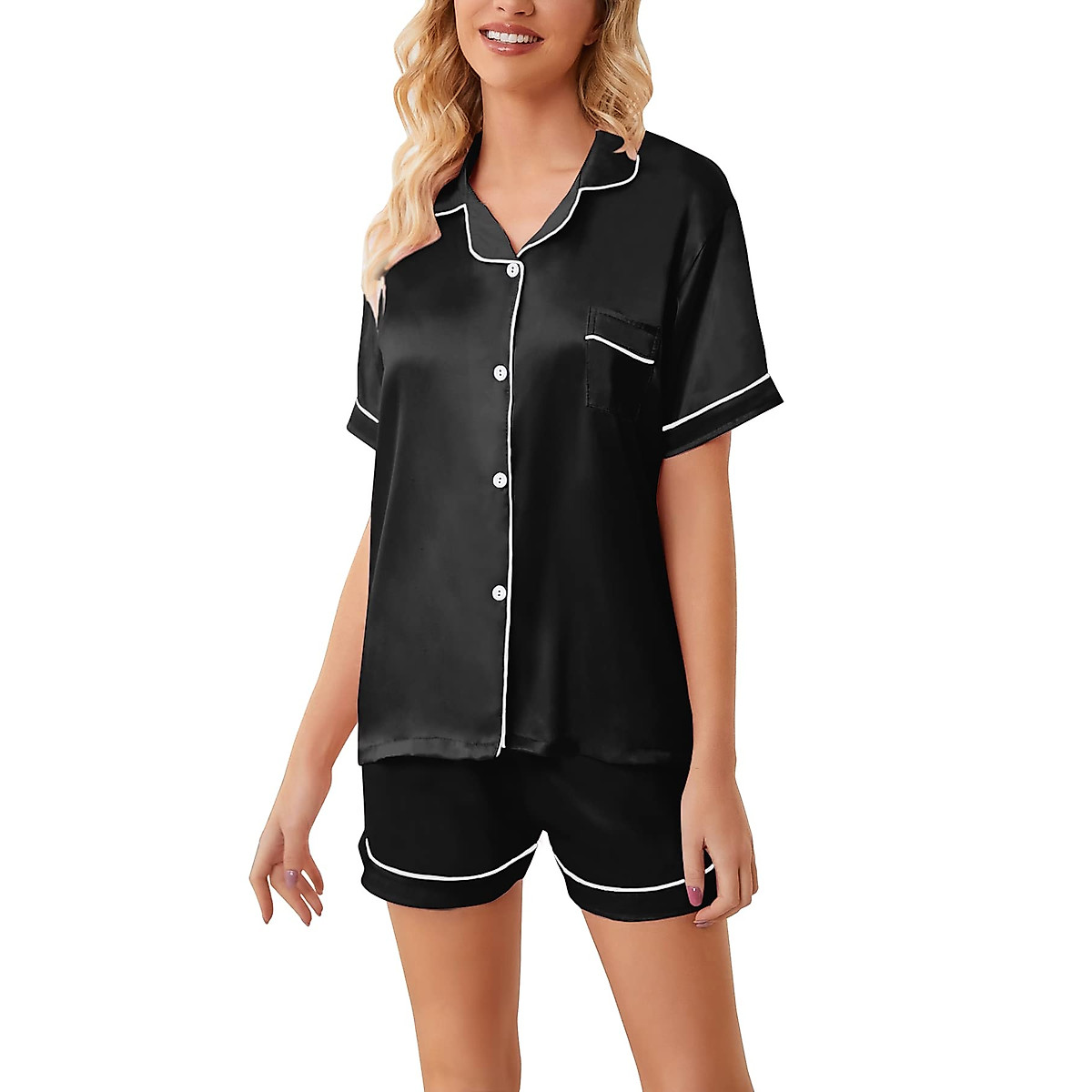 Schbbbta Kids Satin Pajamas, 2 Pcs Sleepwear Short Sleeve Silk Satain Summer Pajama Set for Teen Girls and Boys, Dark Black, 9-10 Years = Tag 150